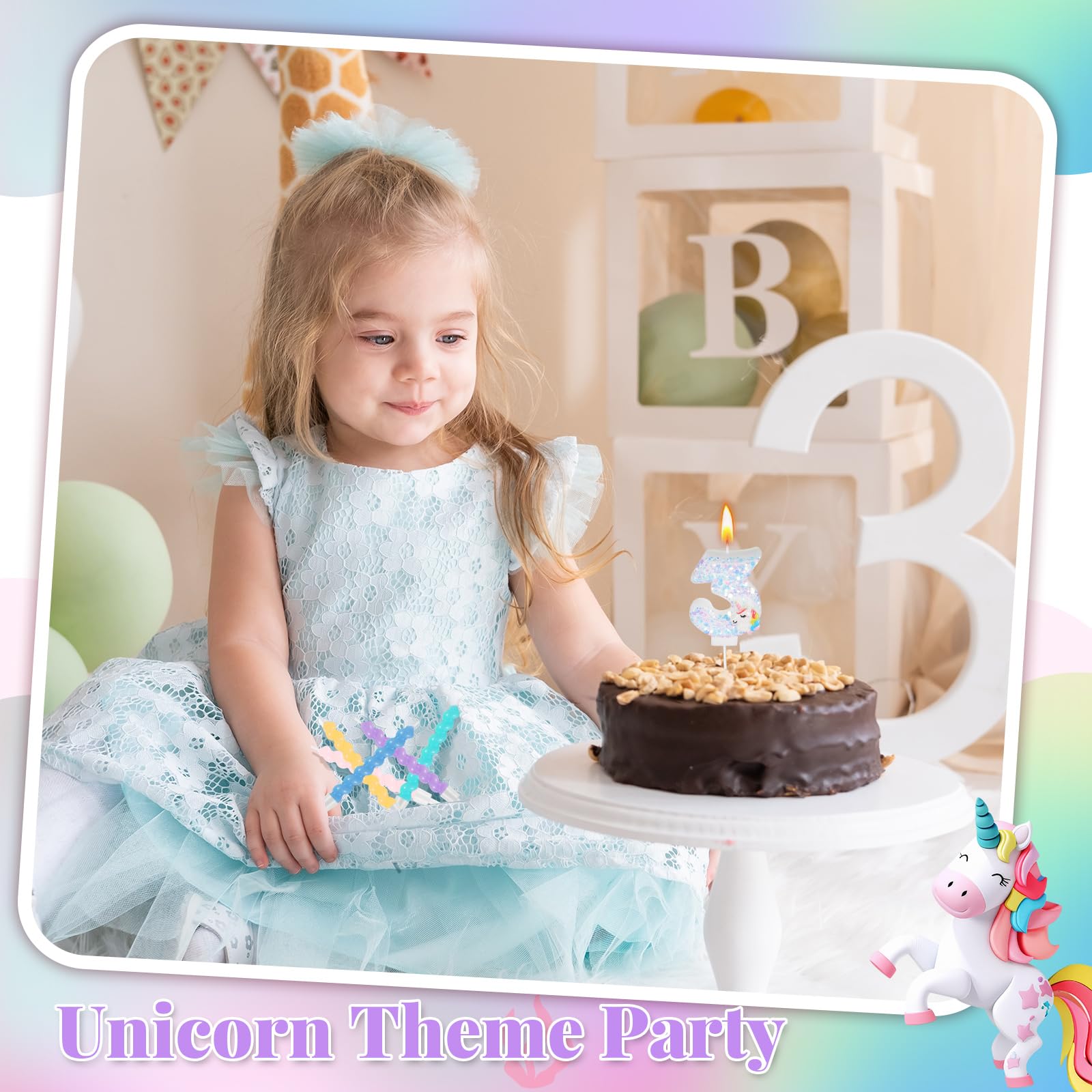 MTLEE Number 3 Birthday Candles Unicorn Number Candle with 12 Rainbow Spiral Candles for Birthday Cakes Sequin Numeral Princess Candle Number Birthday Cake Topper for Unicorn Birthday Decorations