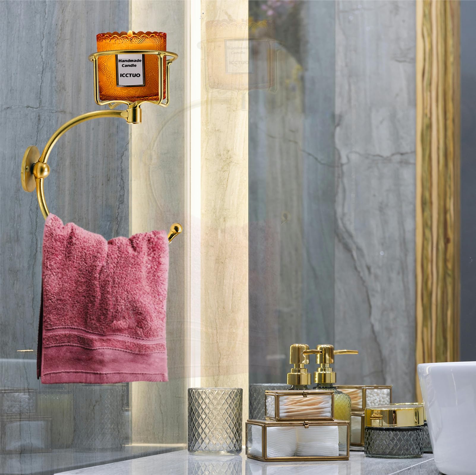 Hand Towel Holder for Bathroom Wall, Elegent Towel Hook with Candle Holder, Gold Towel Ring, Towel Rack Wall Mounted Hanger for Bathroom, Kitchen, Entryway, Drill Holes