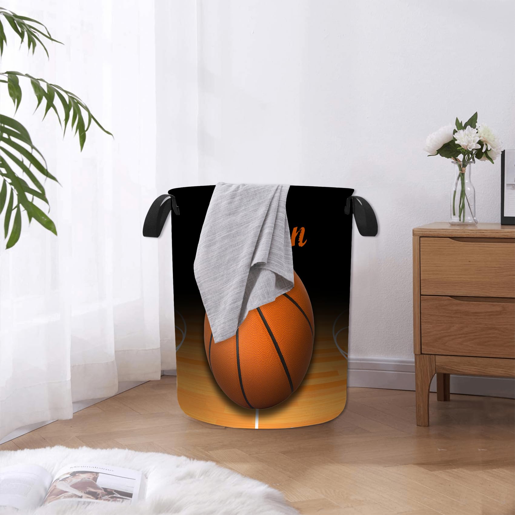 Custom Laundry Basket with Name Basketball Sports Laundry Hamper Foldable Clothes Storage Bin, Toy Organizer Basket for Bathroom/Bedroom/College