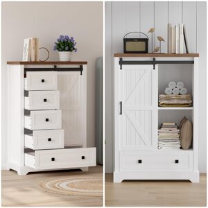 JoanKaren Modern 5 Drawers Dresser for Bedroom w/Sliding Barn Door, Farmhouse 48 Tall Dresser 5 Chest of Drawers,Storage Organizer Dresser for Bedroom, Hallway, Living Room, Kids Room,Entryway,White