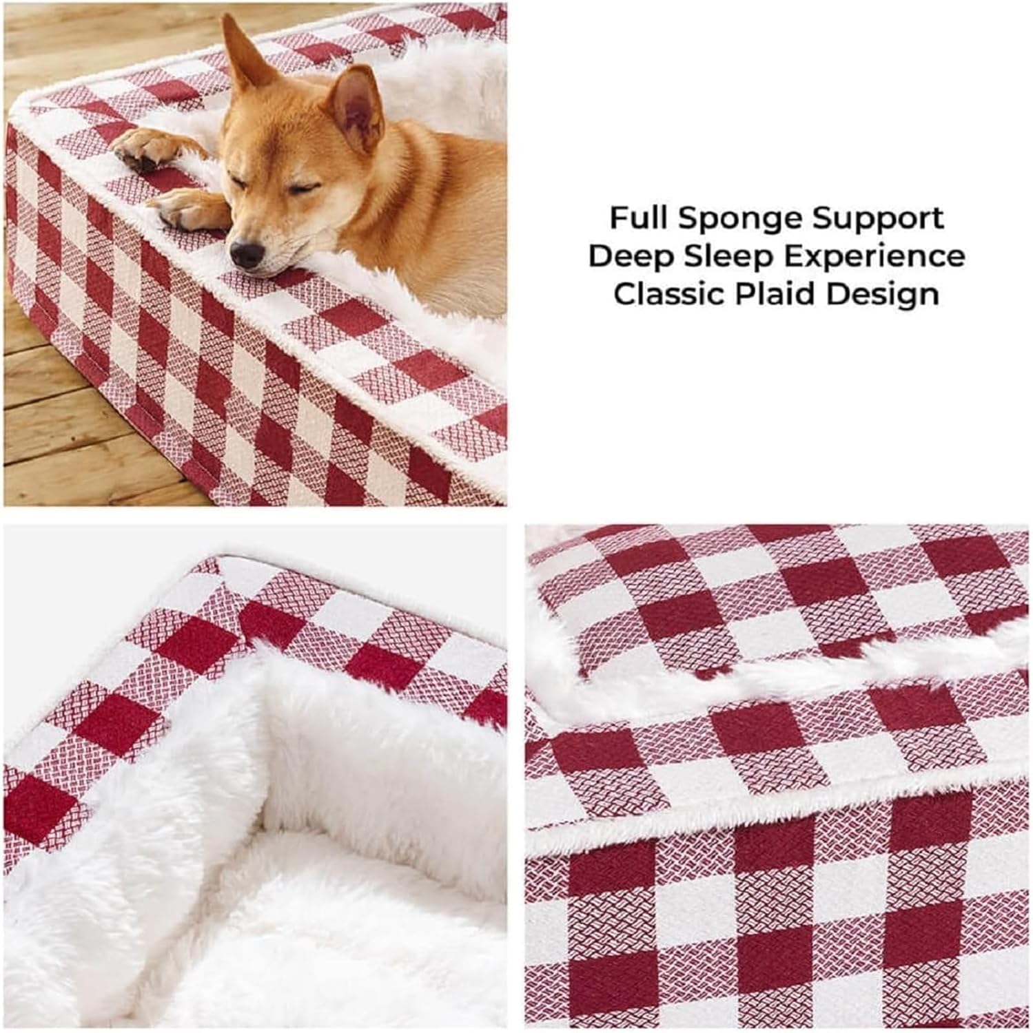 Tartan Cozy Dog Anti-Anxiety Calming Bed, Removable Dog Bed, Christmas Classic Tartan Pet Bed, Funny Fuzzy Dog Bed, Suitable for All Seasons, Made of Pure Cotton (Red, 25.59 * 19.69 * 6.3 in)