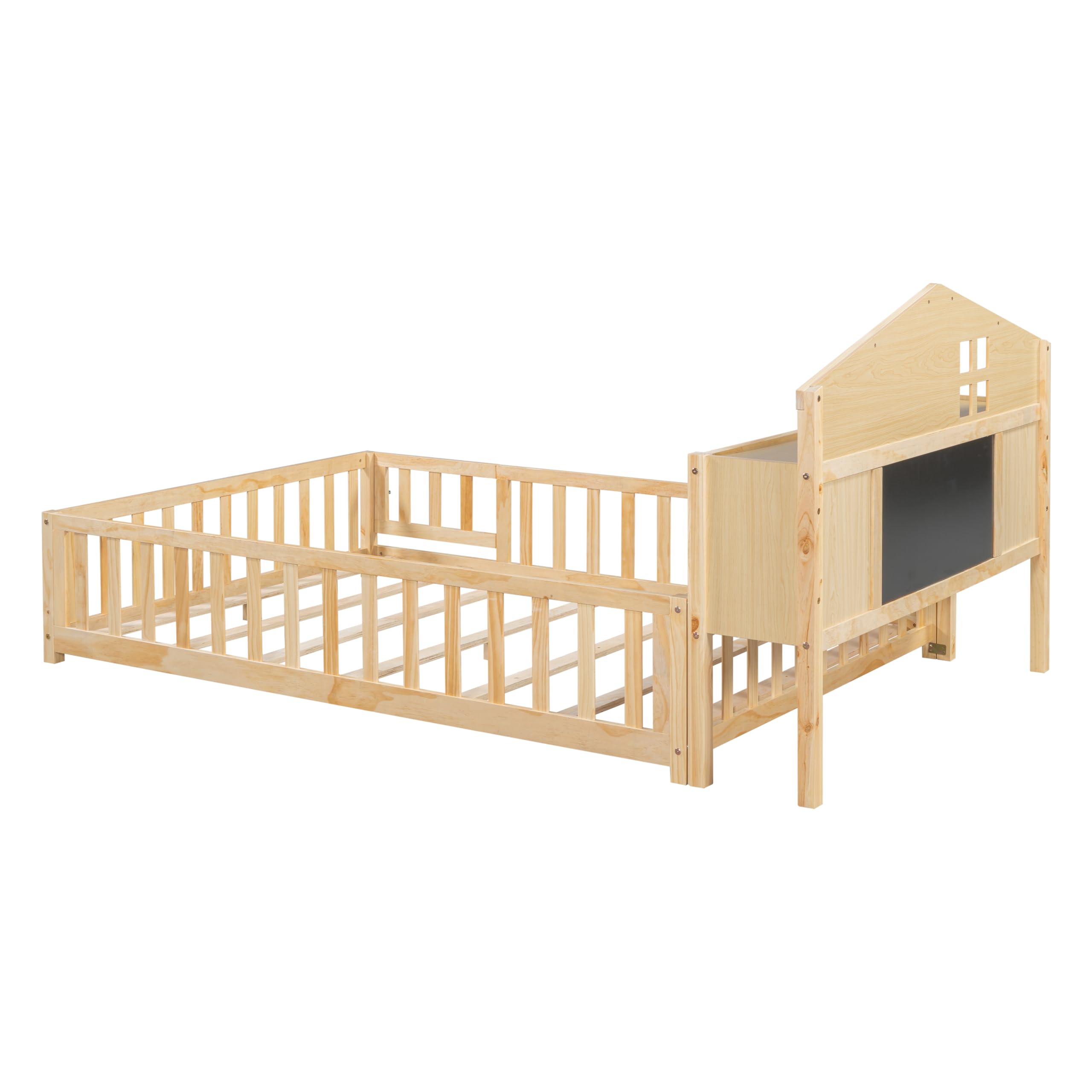 Mirightone Full House Bed with Storage Headboards and Blackboards,Versatile Full Size Platform Beds with Guard Rails,Solid Wood Floor Bed Frame for Kids,Natural