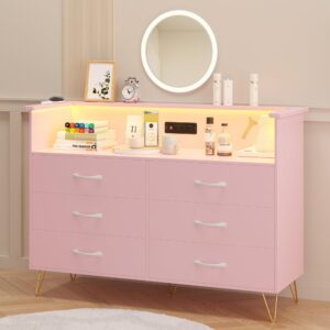 patikuin dresser for bedroom with led light & charging station, 6 drawers wooden dressers with open space, modern chest of double wide drawers for living room, entryway, hallway tv stand, pink