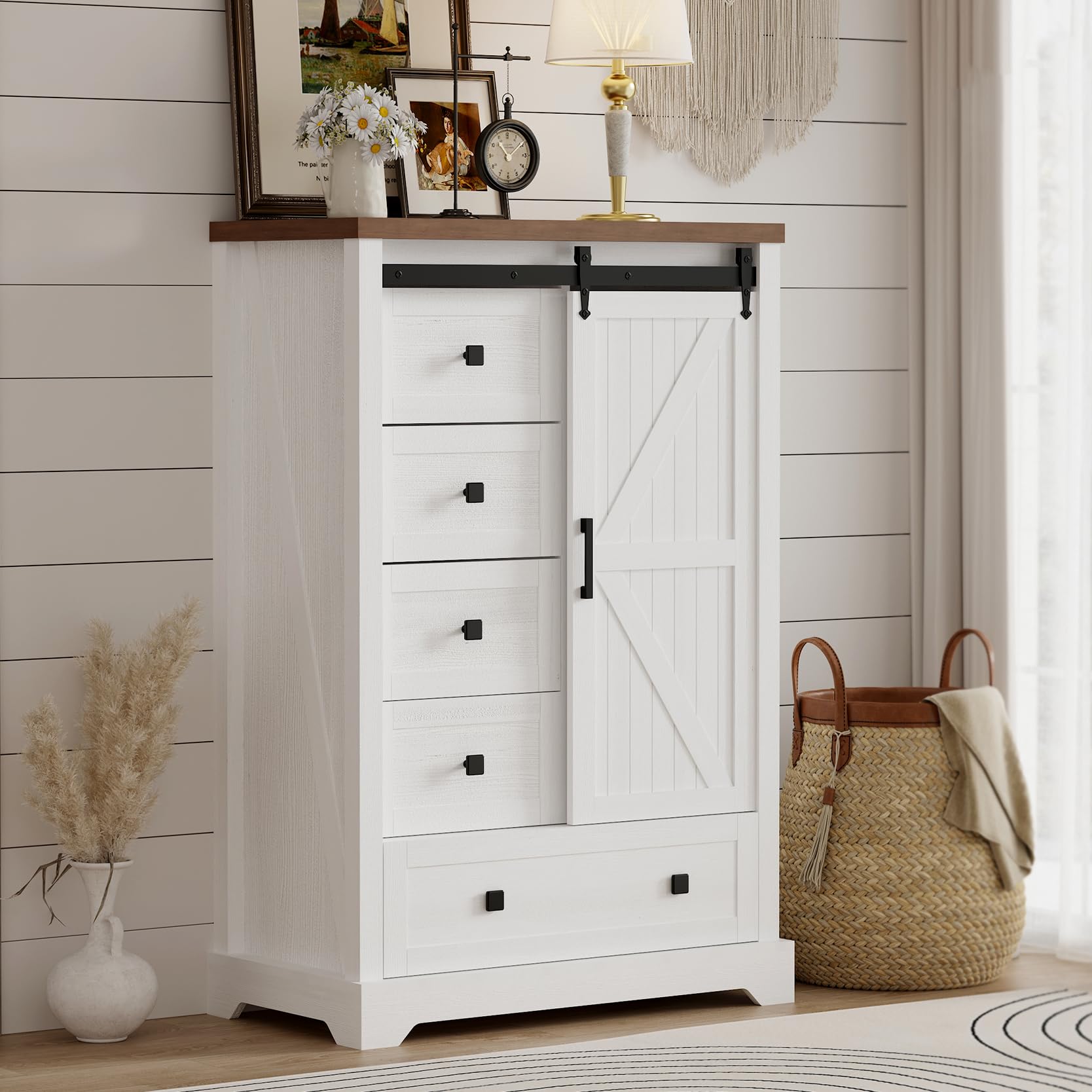 JoanKaren Modern 5 Drawers Dresser for Bedroom w/Sliding Barn Door, Farmhouse 48 Tall Dresser 5 Chest of Drawers,Storage Organizer Dresser for Bedroom, Hallway, Living Room, Kids Room,Entryway,White