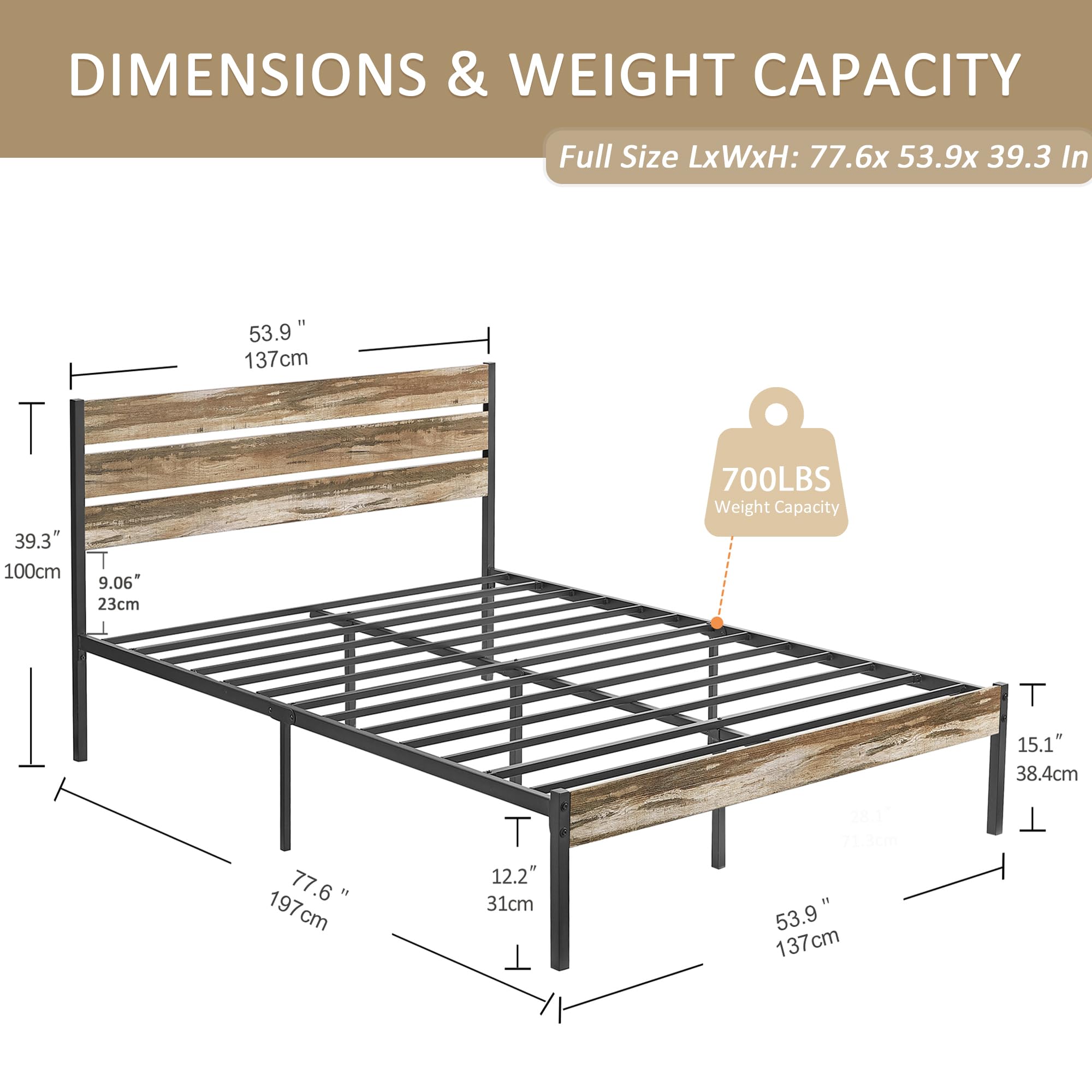 VECELO Full Size Bed Frame with Wood Headboard and Footboard, 14 Inch Platform Mattress Foundation, No Box Spring Needed, Heavy Duty Slats Support, Easy Assembly