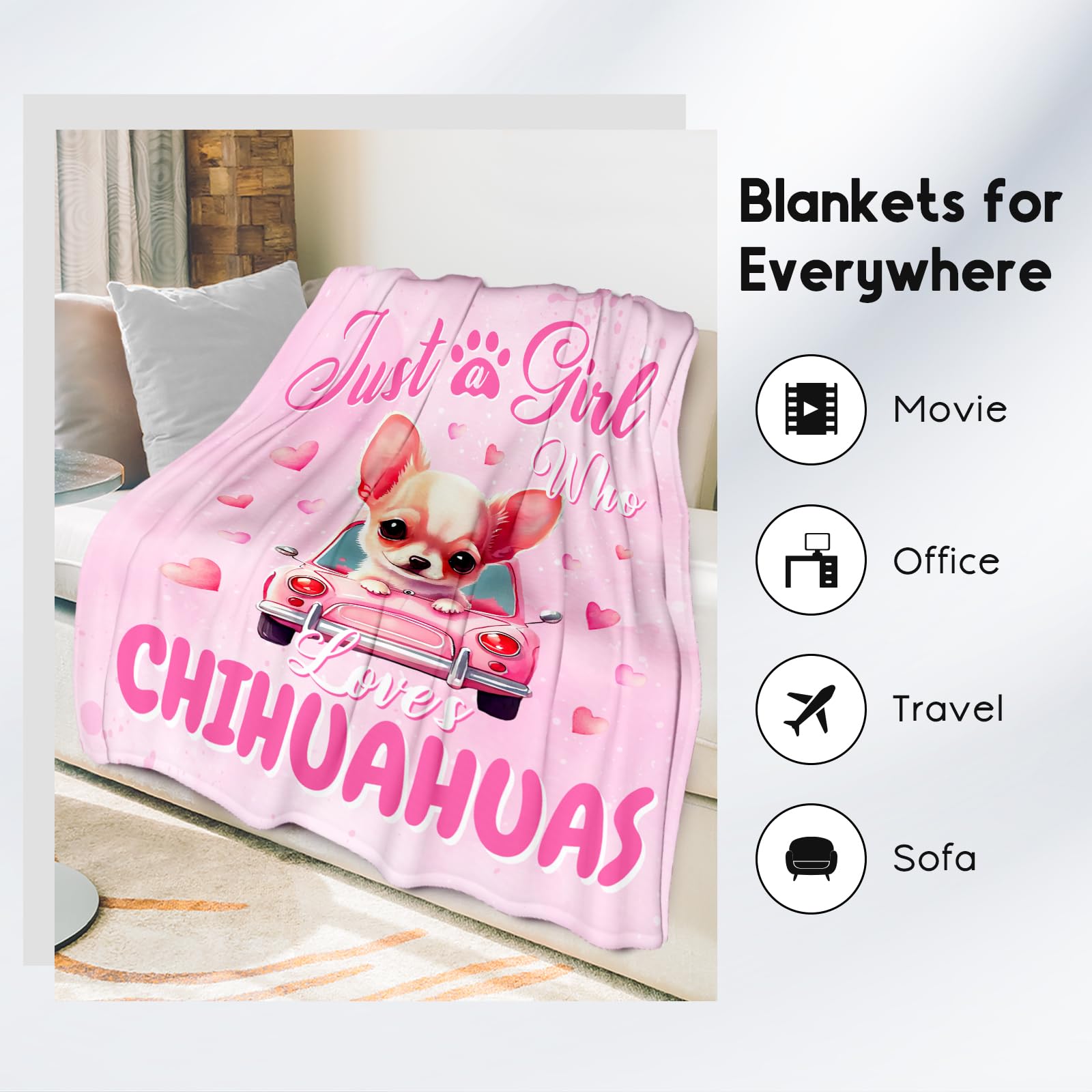 UNIKITTY Chihuahua Blanket Gifts, Chihuahua Throw Blanket for Dog Lovers, 50"x60" Pink Blanket for Girls Dog Print Gifts, Kids Blankets for Bed Couch, Fleece Throw Blanket Girls Room Decor