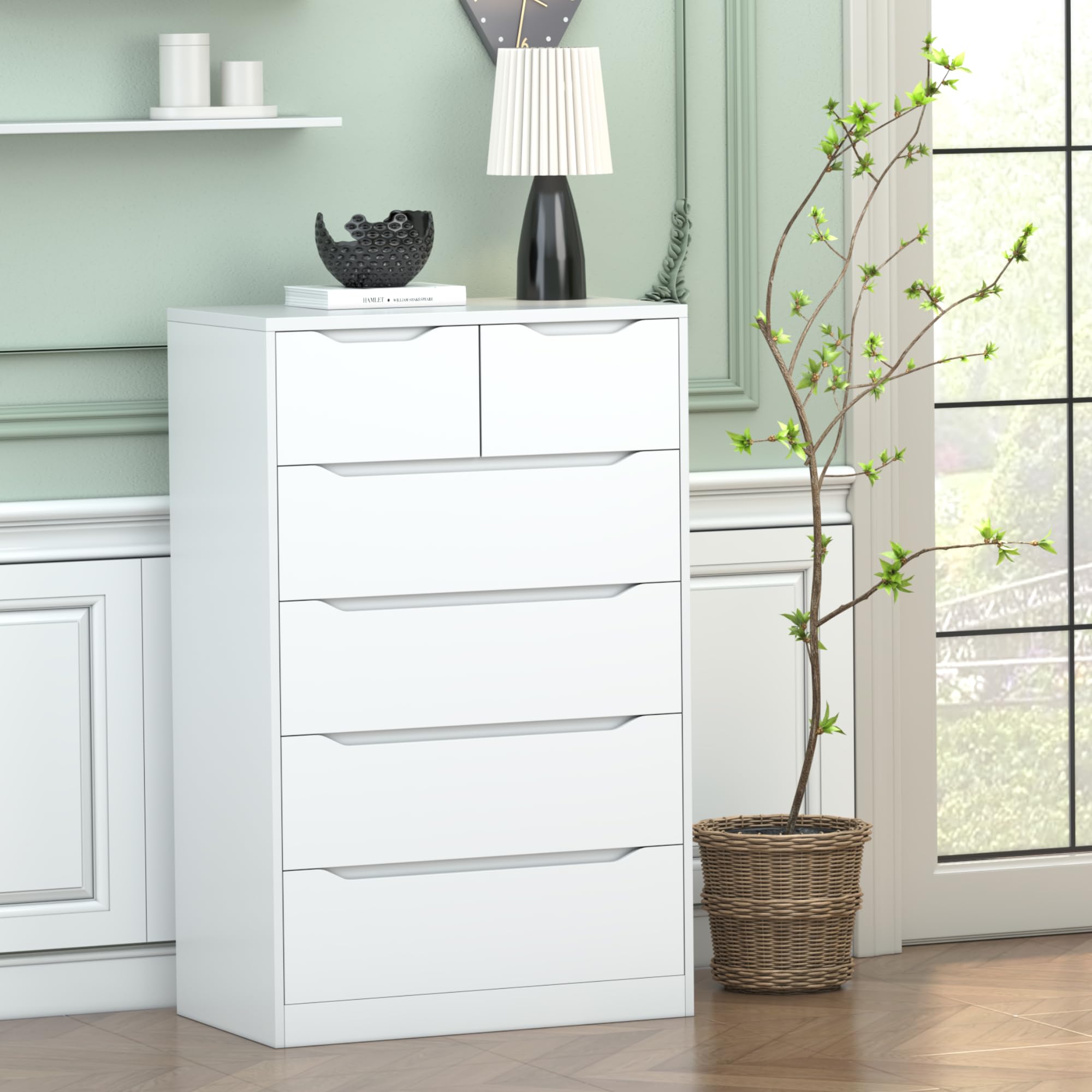 SPERTIKC Tall Chest of Drawers, 6 Drawer Dresser for Bedroom, White Dresser with Large Storage Space, Modern Dresser for Corridors and Living Rooms, 27.5" x 16" x 43.5"