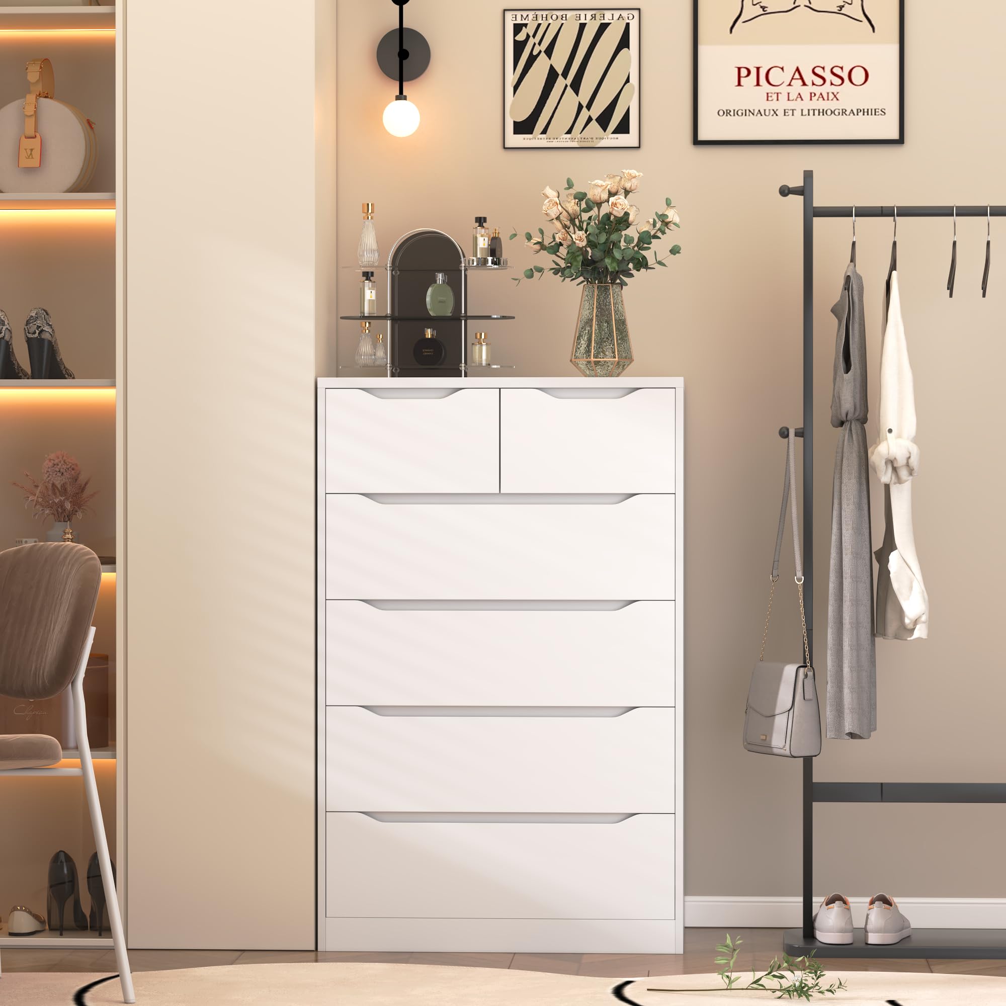 SPERTIKC Tall Chest of Drawers, 6 Drawer Dresser for Bedroom, White Dresser with Large Storage Space, Modern Dresser for Corridors and Living Rooms, 27.5" x 16" x 43.5"