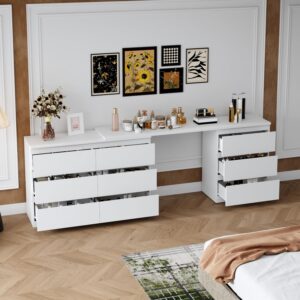 ROMSHINE 9 Drawer Dresser with Rotatable Tabletop, Modern Chest of Drawers with Extendable Desk (No More Than 102" W), Drawer Organizer for Bedroom Home Office, White Dresser