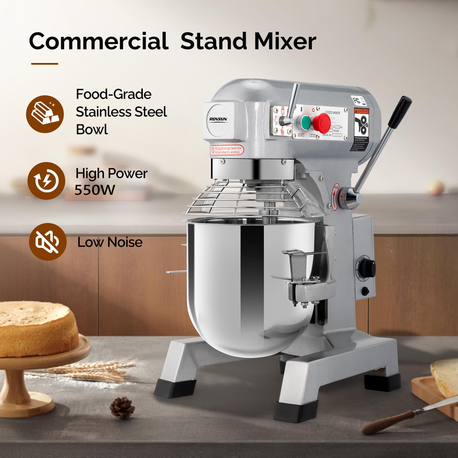 ROVSUN 10Qt Commercial Food Mixer, 550W Electric Commercial Stand Mixer Heavy Duty with Adjustable 3 Speed, Stainless Steel Bowl, Dough Hooks Whisk Beater, Perfect for Bakery Pizzeria Restaurants