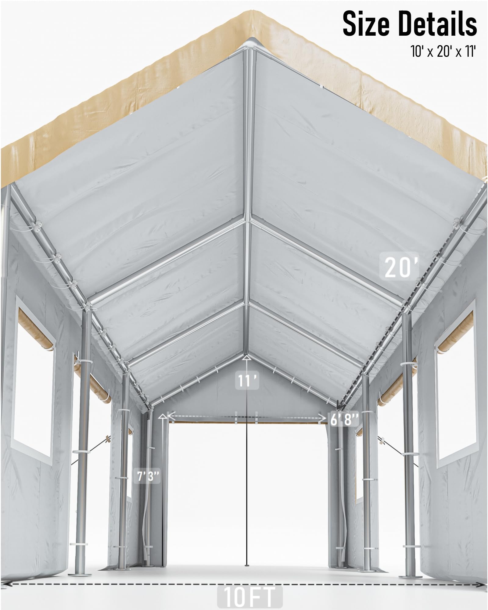 KYBOLT 10 x 20 Ft Heavy-Duty Carport, Portable Garage, 180g PE Waterproof Canopy and 8 x 1.0 mm Poles for Full-Size Pickup Trucks, Boats, and SUVs - Yellow