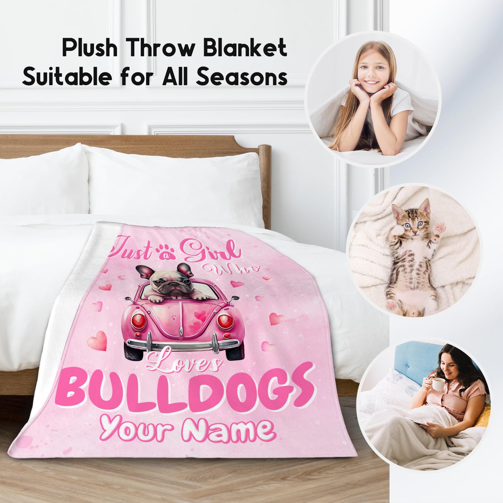 Custom French Bulldog Blanket Gifts, Frenchie Gifts for Dog Lovers Present Ideal, 60"x80" Pink Blanket for Girls Mom Dog Themed Gifts, Personalized Flannel Kids Throw Blankets for Living Room