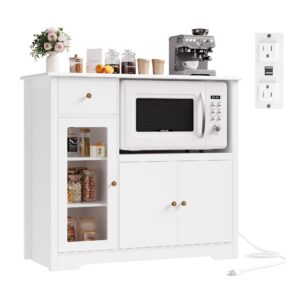 horstors microwave cabinet with charging station, kitchen storage cabinet with microwave stand, adjustable shelves, modern buffet sideboard cabinet, wood coffee bar for dining room, living room, white