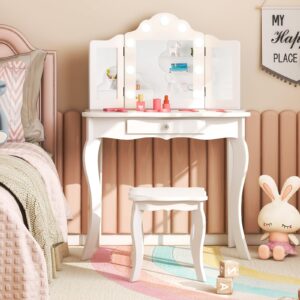 AKUSTIK Kids Vanity with Lights, 2 in 1 Wooden Dressing Table and Chair Set with Tri-Folding Mirror, Stool, Storage Drawer, Toddlers Pretend Princess Beauty Playset Toy Gift for Little Girls