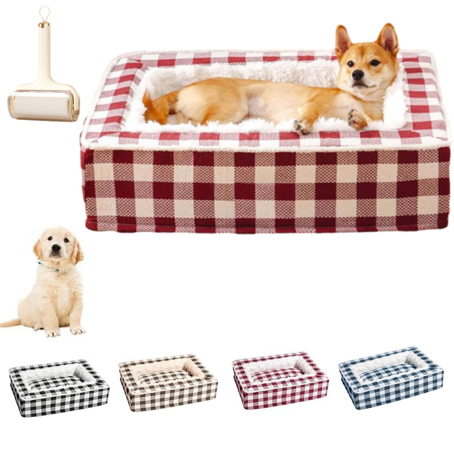 Tartan Cozy Dog Anti-Anxiety Calming Bed, Removable Dog Bed, Christmas Classic Tartan Pet Bed, Funny Fuzzy Dog Bed, Suitable for All Seasons, Made of Pure Cotton (Red, 25.59 * 19.69 * 6.3 in)