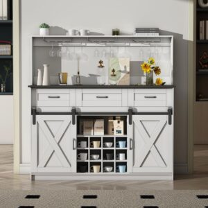 Pipleo 52" Farmhouse Coffee Bar Cabinet with Storage, Wine Bar Cabinet with 9 Glass Holders and 12 Grid Wine Racks, Wood Buffet Cabinet with Sliding Barn Doors for Kitchen Dinning Room, Antique White