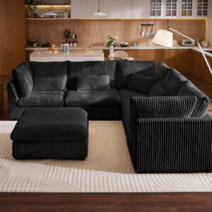 Cloud Oversized Modular Sofa, 120" Corduroy Wide Seat Sectional with Reversible Chaise, Shaped Couches Modern Comfy Fluffy Cushion Sleeper Sofa Bed with Convertible Ottoman for Living Room 5 Seater