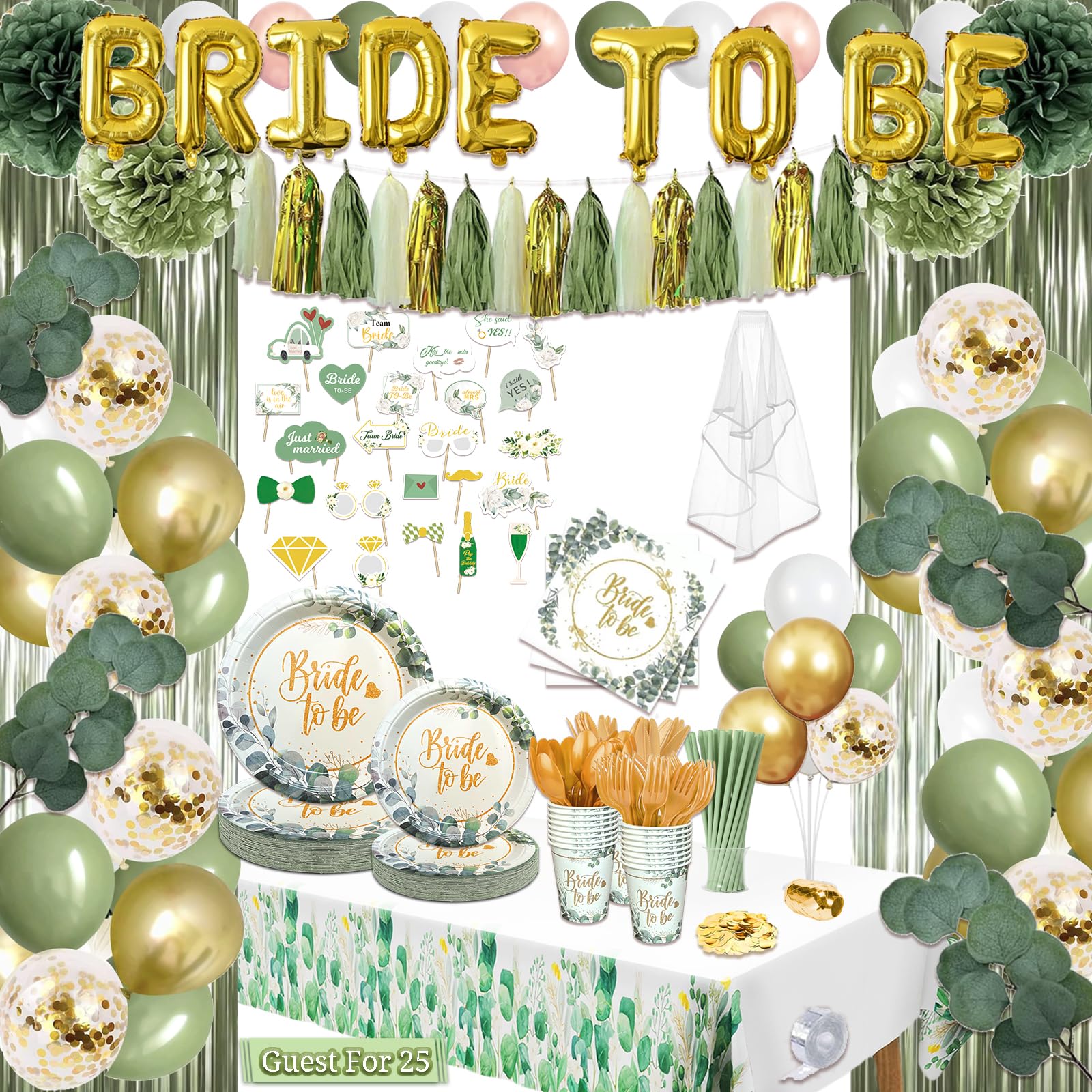 LFSTGN 310 Pcs Sage Green Bridal Shower Decorations, Bachelorette Party Decorations Favors - "BRIDE TO BE" Banner, Veil, Balloon, Photo Props, Tableware with Eucalyptus Leaf for 25 Guests