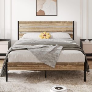 vecelo full size bed frame with wood headboard and footboard, 14 inch platform mattress foundation, no box spring needed, heavy duty slats support, easy assembly