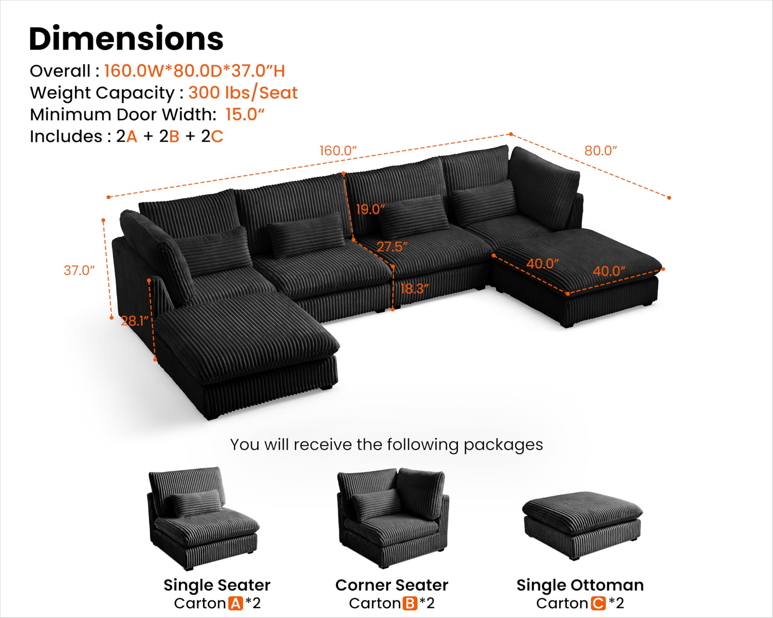 Cloud Oversized Modular Sofa, 160" Corduroy Wide Seat Sectional with Reversible Chaise, Shaped Couches Modern Comfy Fluffy Cushion Sleeper Sofa Bed with Convertible Ottoman for Living Room 6 Seater