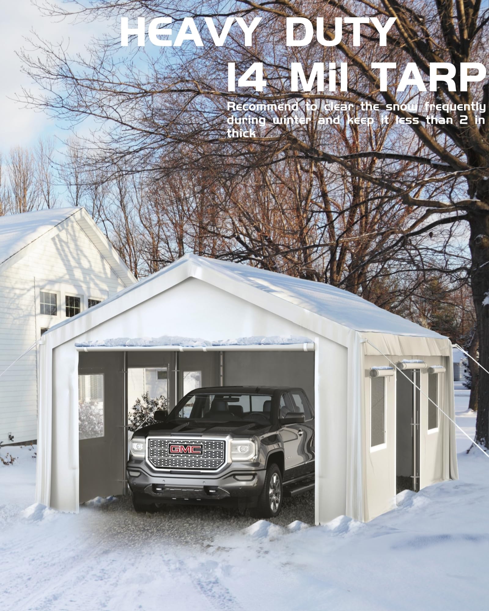 KYBOLT 13 x 20 Ft Heavy-Duty Carport, Portable Garage, 180g PE Waterproof Canopy and 8 x 1.0 mm Poles for Full-Size Pickup Trucks, Boats, and SUVs - White