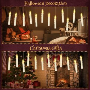 Halloween Decorations, Floating Candles with Wand, 12 PCS Magic Candles with Hole for Hanging, Flickering Flameless LED Candles, Witch Wizard Halloween Christmas Decor for Home Room Church Party