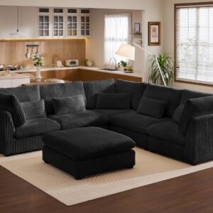 Cloud Oversized Modular Sofa, 120" Corduroy Wide Seat Sectional with Reversible Chaise, Shaped Couches Modern Comfy Fluffy Cushion Sleeper Sofa Bed with Convertible Ottoman for Living Room 5 Seater