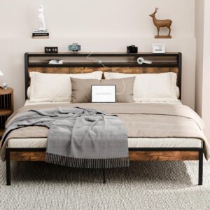 zevemomo king size bed frame with headboard, headboard with charging station, 2 usb port & 2 ac power outlet, modern king metal platfrom bed frame no box spring needed, sturdy & assembly, brown