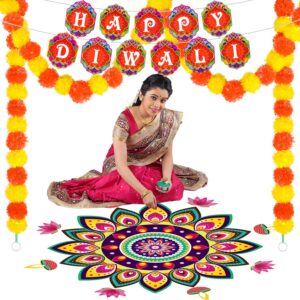 MOVINPE Diwali Decorations Set for Home, Rangoli Stickers For Floor Entrance Wall Porch Marigold Garland Happy Diwali Banner Indian Diwali Diyas Rangoli Decoration