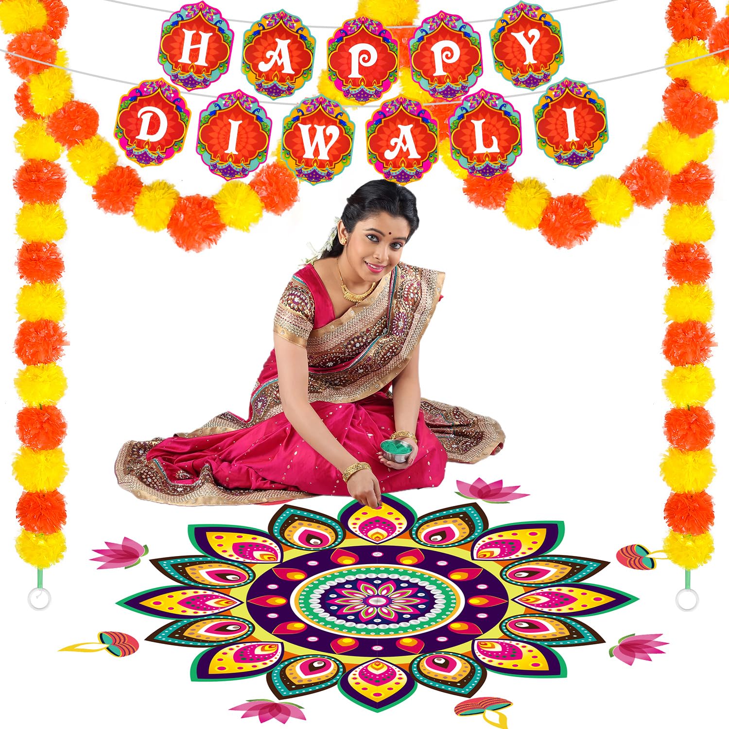 MOVINPE Diwali Decorations Set for Home, Rangoli Stickers For Floor Entrance Wall Porch Marigold Garland Happy Diwali Banner Indian Diwali Diyas Rangoli Decoration