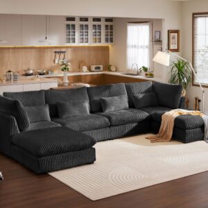 Cloud Oversized Modular Sofa, 160" Corduroy Wide Seat Sectional with Reversible Chaise, Shaped Couches Modern Comfy Fluffy Cushion Sleeper Sofa Bed with Convertible Ottoman for Living Room 6 Seater