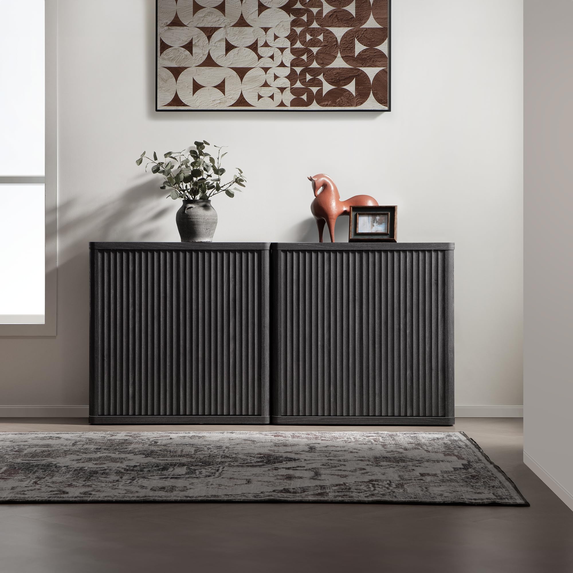 SICOTAS Buffet Cabinet with Storage Sideboard Accent Modern Credenza with Doors & Shelves Fluted Media Console Wood Mid Century Coffee Bar Table for Living Room Kitchen Dining Room Hallway (Dark Grey)