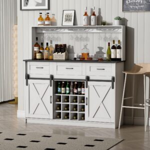 Pipleo 52" Farmhouse Coffee Bar Cabinet with Storage, Wine Bar Cabinet with 9 Glass Holders and 12 Grid Wine Racks, Wood Buffet Cabinet with Sliding Barn Doors for Kitchen Dinning Room, Antique White