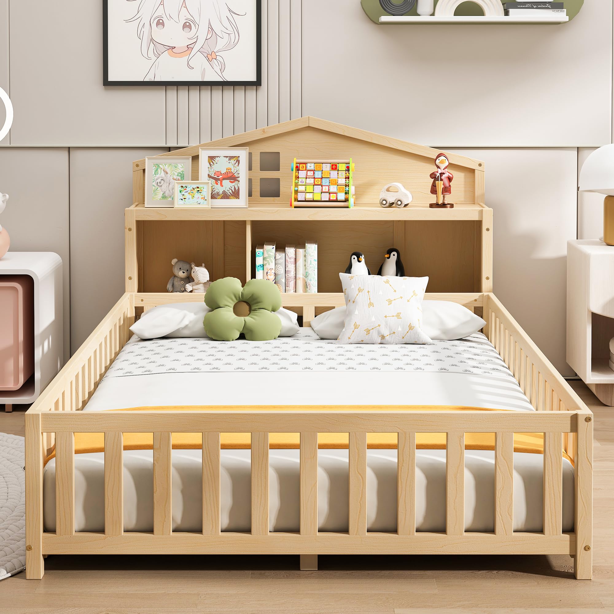 Mirightone Full House Bed with Storage Headboards and Blackboards,Versatile Full Size Platform Beds with Guard Rails,Solid Wood Floor Bed Frame for Kids,Natural