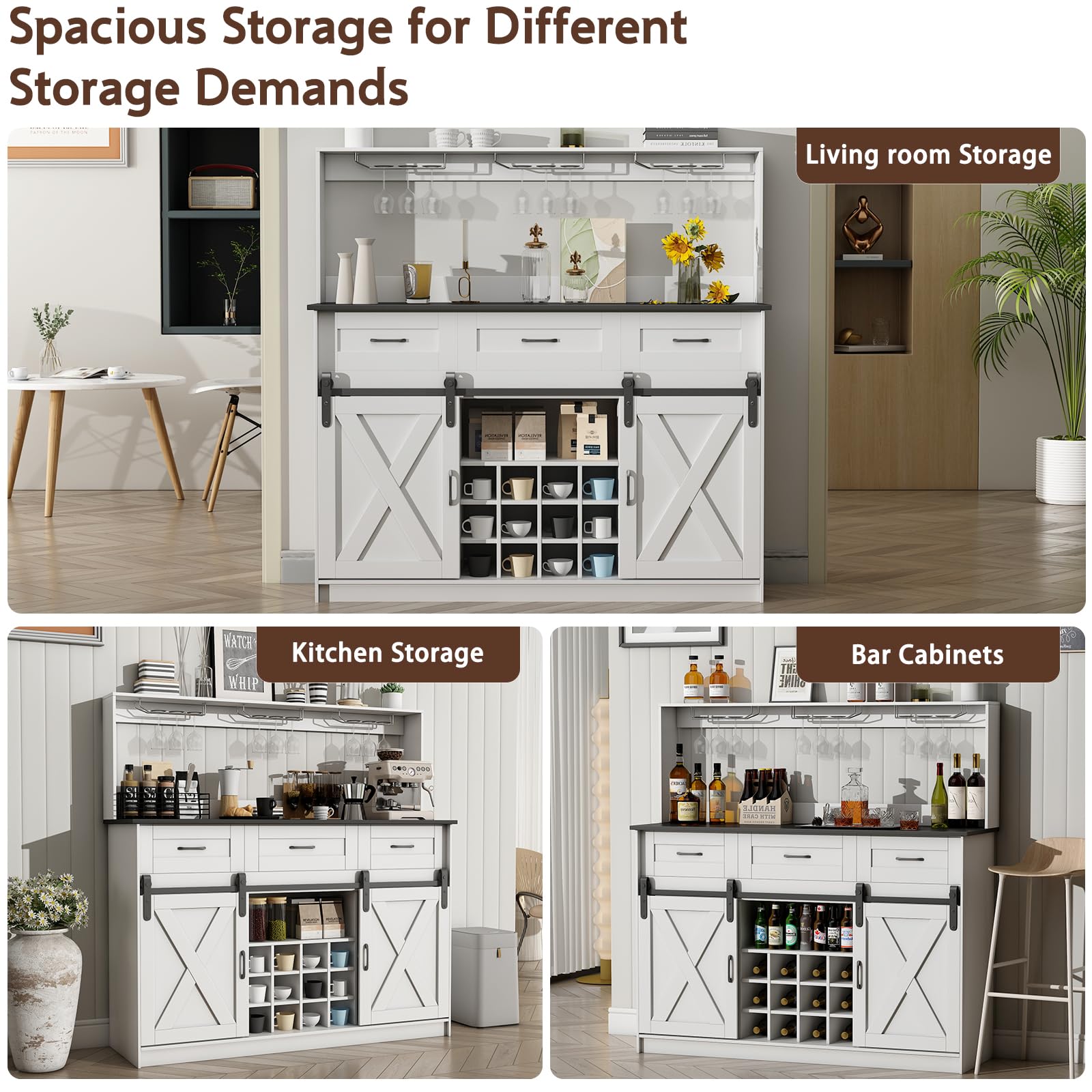 Pipleo 52" Farmhouse Coffee Bar Cabinet with Storage, Wine Bar Cabinet with 9 Glass Holders and 12 Grid Wine Racks, Wood Buffet Cabinet with Sliding Barn Doors for Kitchen Dinning Room, Antique White