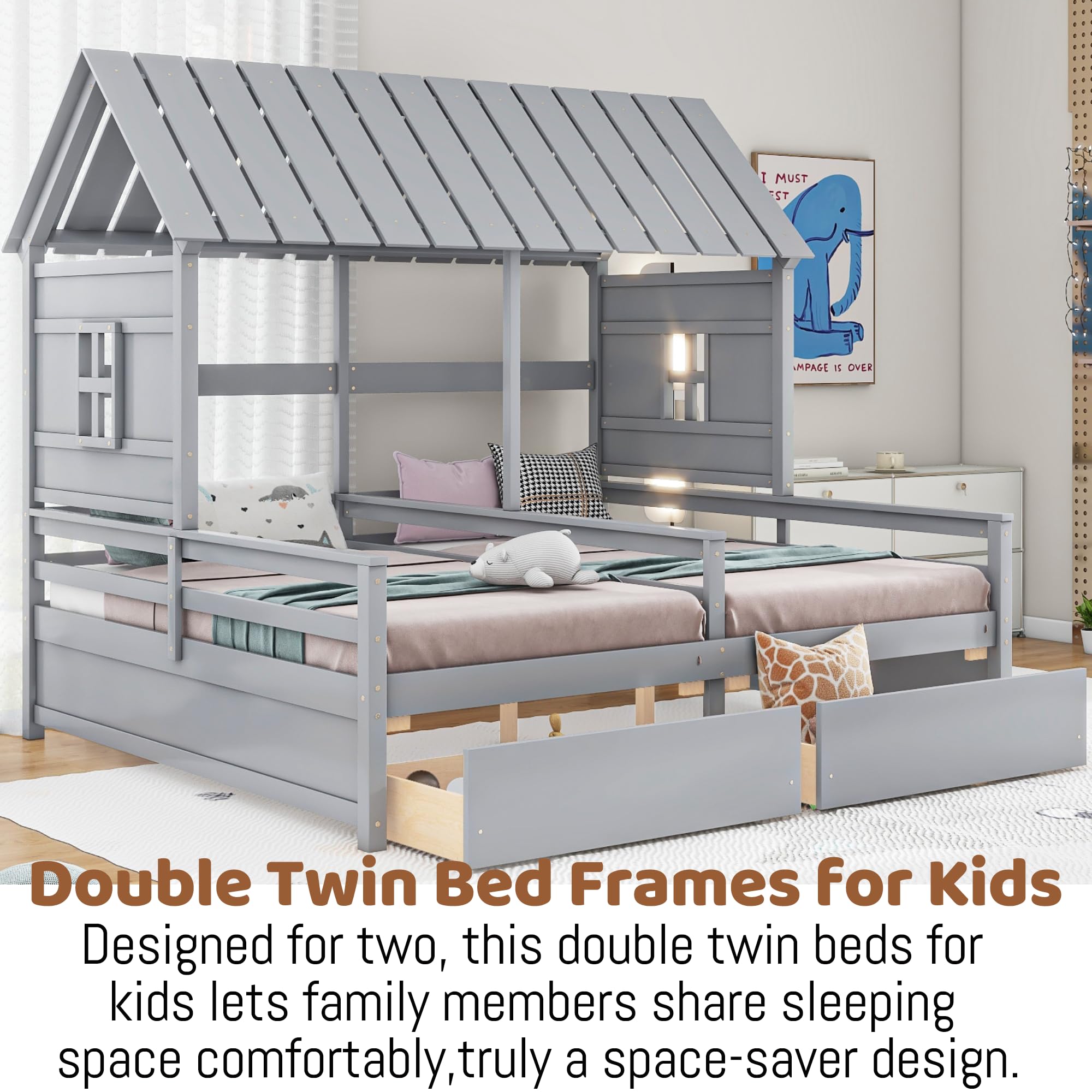 Harper & Bright Designs House Bed with 2 Twin Platform Beds for Kids,Wooden Double Twin Beds with Storage Drawers and Roof, 2 Beds in 1 Shared Beds for Girls or Boys,No Box Spring Needed,Grey