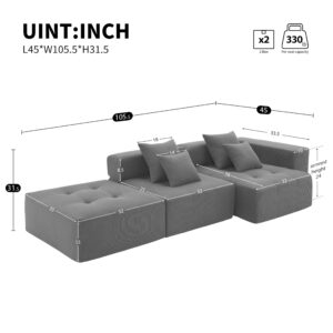 Merax 105.5'' L-Shaped Modular Sectional Sofa for 4, Minimalist Convertible Corduroy Floor Couch Set with 4 Pillows for Living Room, 3 PC Free Combination, No Assembly Required, Gray