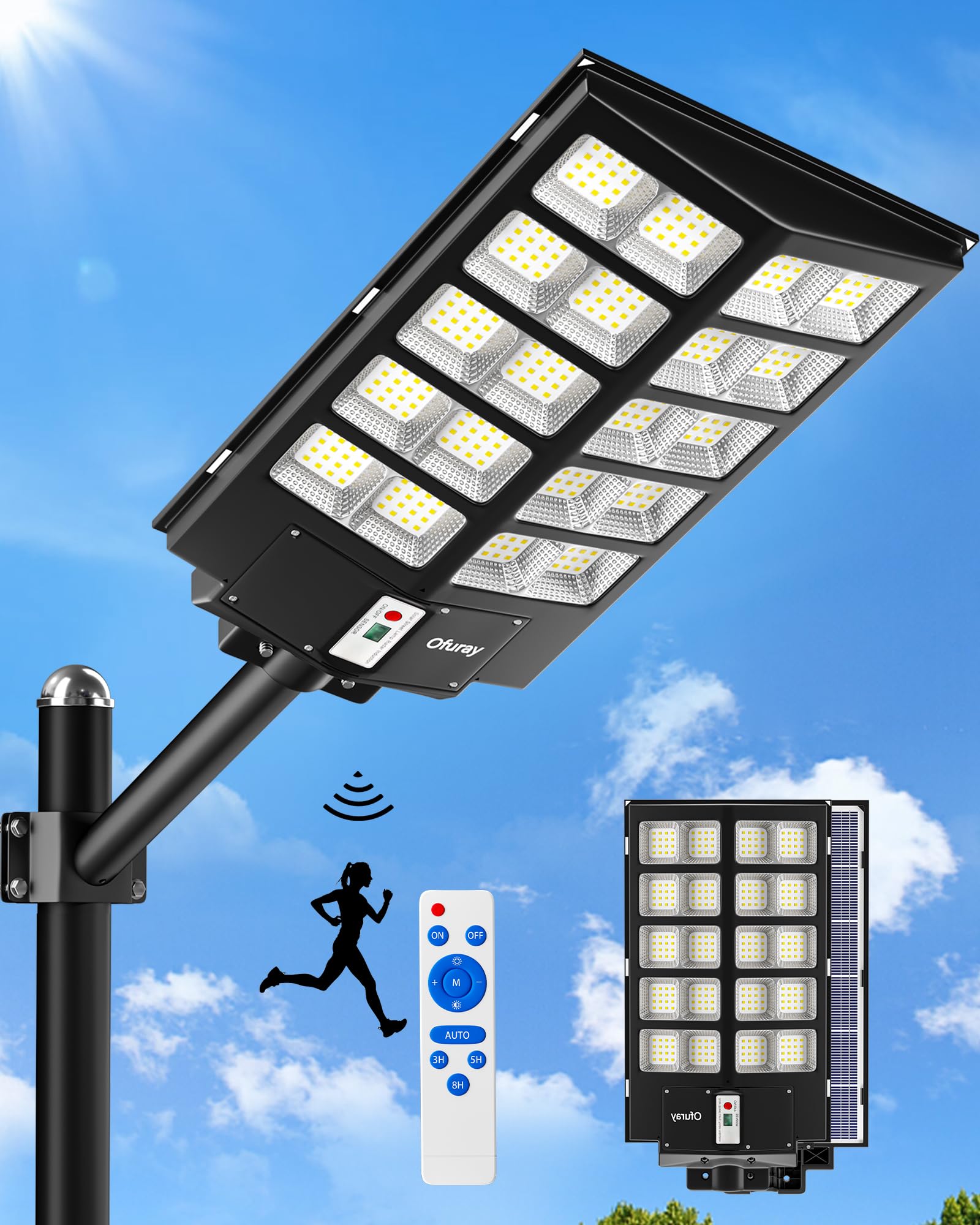 Ofuray 4600W and 7500W Solar Street Light Outdoor Waterproof,Solar Parking Lot Lights Commercial Dusk to Dawn, 6500k IP67 Street Led with Remote Control for Street,Court,Barn