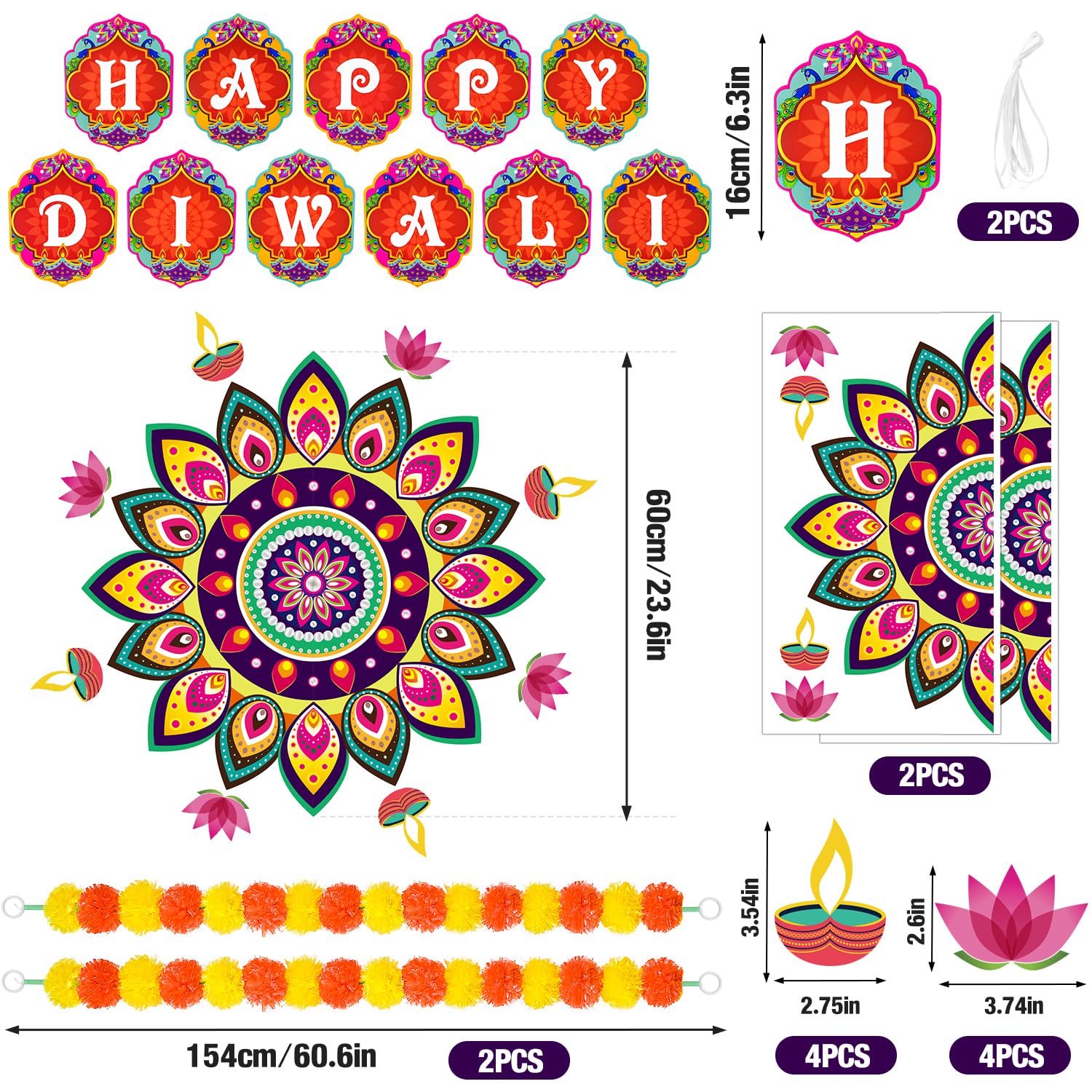 MOVINPE Diwali Decorations Set for Home, Rangoli Stickers For Floor Entrance Wall Porch Marigold Garland Happy Diwali Banner Indian Diwali Diyas Rangoli Decoration