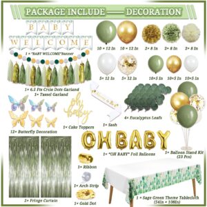 LFSTGN 209 Pcs Sage Green Baby Shower Decorations, Neutral baby shower decor Supplies - "OH BABY" Banner, Balloon, Tableware with Eucalyptus Leaf for 25 Guests