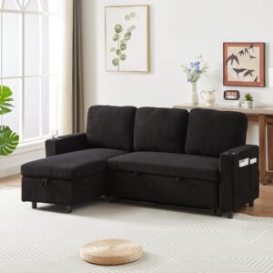 lunhung 78 inch l-shaped sofa,convertible combo sofa bed with pull-out bed, corduroy reversible sleeper sectional sofa with side pockets and cup holders,furniture set for living room (corduroy-black)