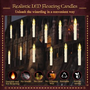 Halloween Decorations, Floating Candles with Wand, 12 PCS Magic Candles with Hole for Hanging, Flickering Flameless LED Candles, Witch Wizard Halloween Christmas Decor for Home Room Church Party