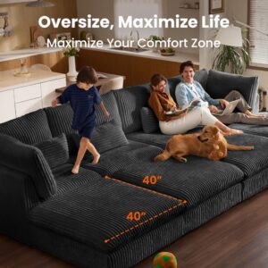 Cloud Oversized Modular Sofa, 160" Corduroy Wide Seat Sectional with Reversible Chaise, Shaped Couches Modern Comfy Fluffy Cushion Sleeper Sofa Bed with Convertible Ottoman for Living Room 6 Seater