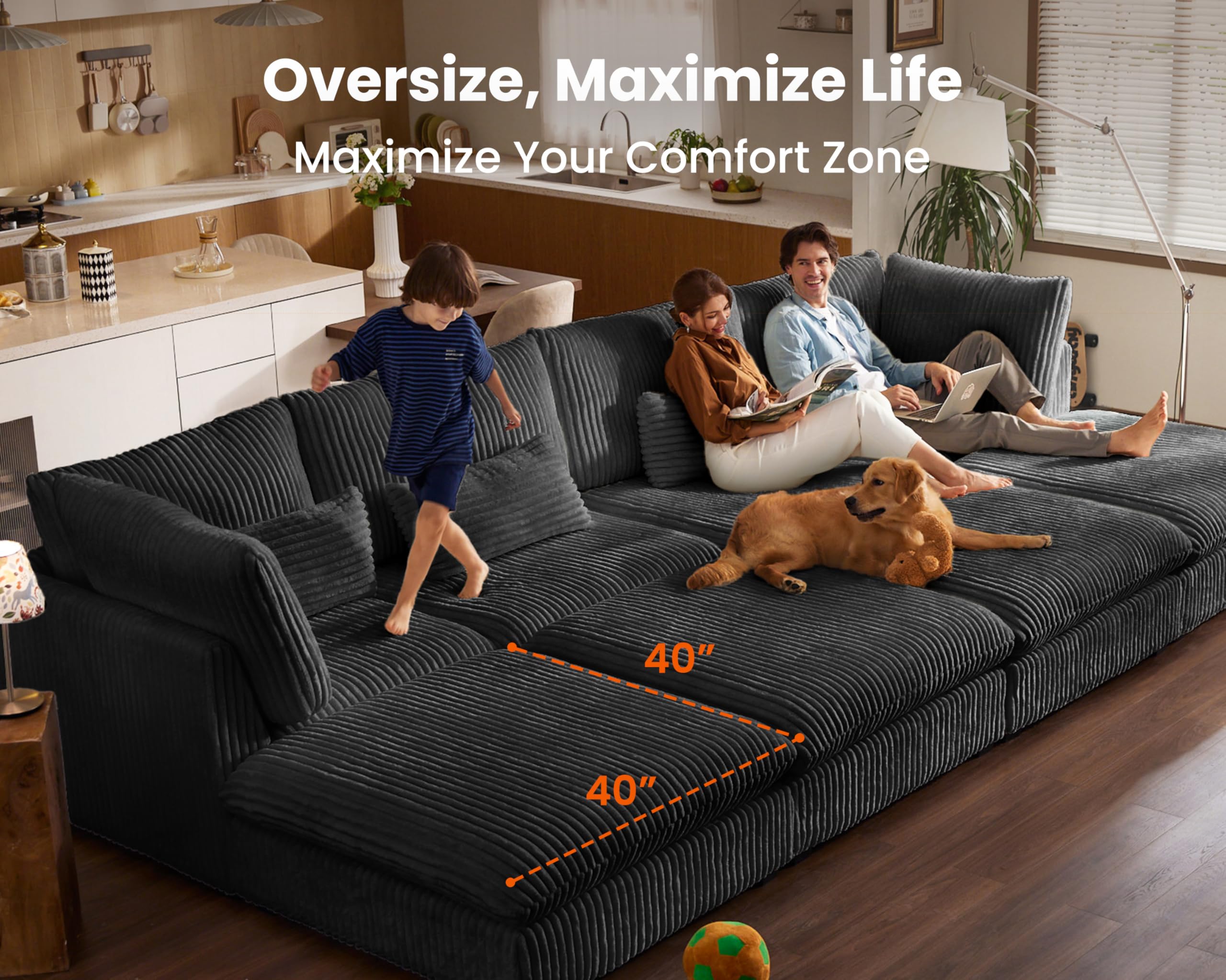 Cloud Oversized Modular Sofa, 120" Corduroy Wide Seat Sectional with Reversible Chaise, Shaped Couches Modern Comfy Fluffy Cushion Sleeper Sofa Bed with Convertible Ottoman for Living Room 5 Seater