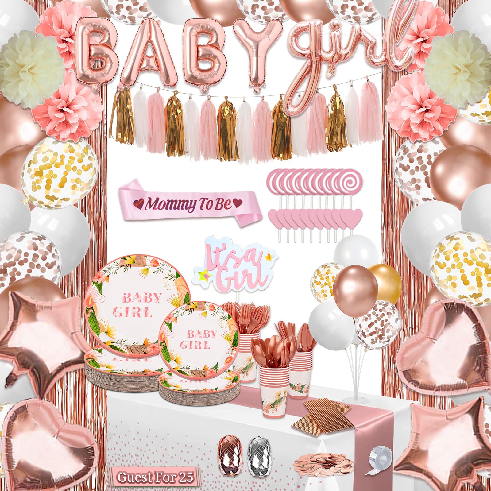 LFSTGN 277 Pcs Baby Shower Decorations for Girl, Rose Gold Baby Shower Decor Supplies - "BABY girl" Banner, Tassel, Balloon, Tableware with Rose Gold Floral for 25 Guests