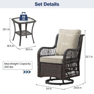 coucheta 3 Pieces Outdoor Wicker Swivel Chair Set, Swivel Rocking Chairs Set of 2 with Rattan Side Table, 360-Degree Swivel Rocking Chair for Patio Porch Pool