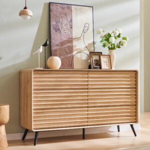 redlemon 6 drawers dresser for bedroom, 54'' wide mid century modern wood fluted double dresser, chest of drawers with tapered leg for bedroom, living room, hallway, closet (natural oak