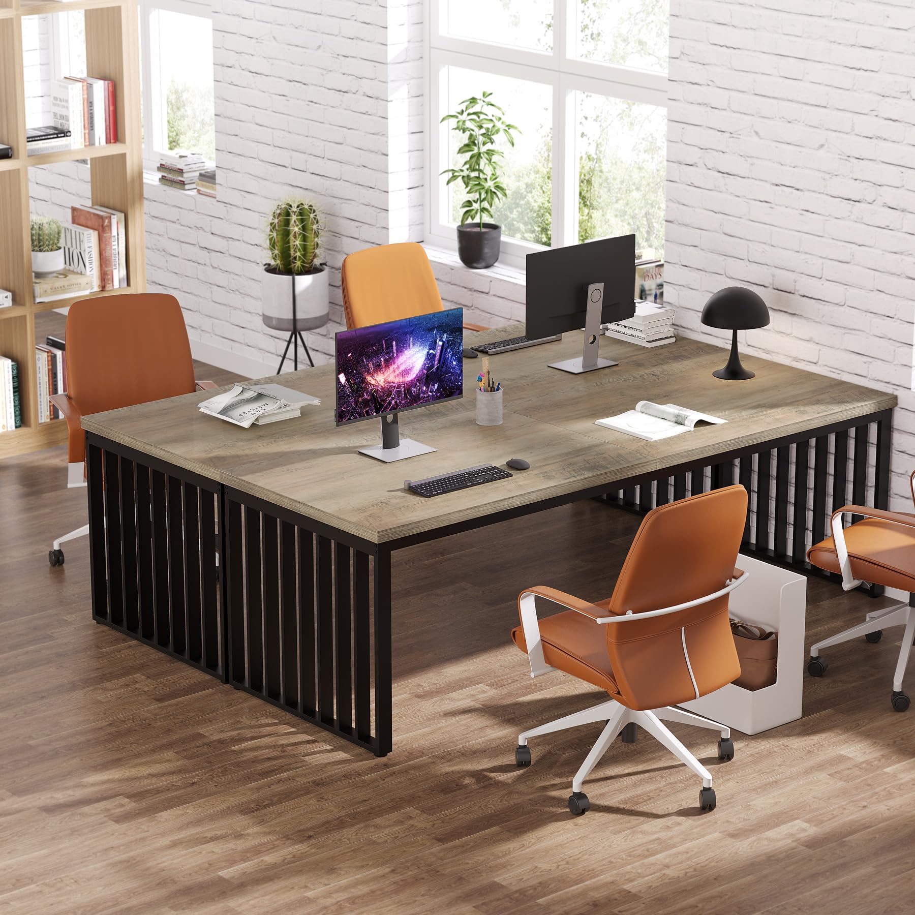 Tribesigns 78.74" Extra Long Computer Desk 2 Person Desk, Double Long Desk with Heavy Duty Metal Frame, Double Workstation Study Desk for Home Office, Brown (Without Chair) (Gray & Black)