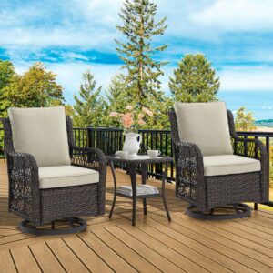 coucheta 3 Pieces Outdoor Wicker Swivel Chair Set, Swivel Rocking Chairs Set of 2 with Rattan Side Table, 360-Degree Swivel Rocking Chair for Patio Porch Pool