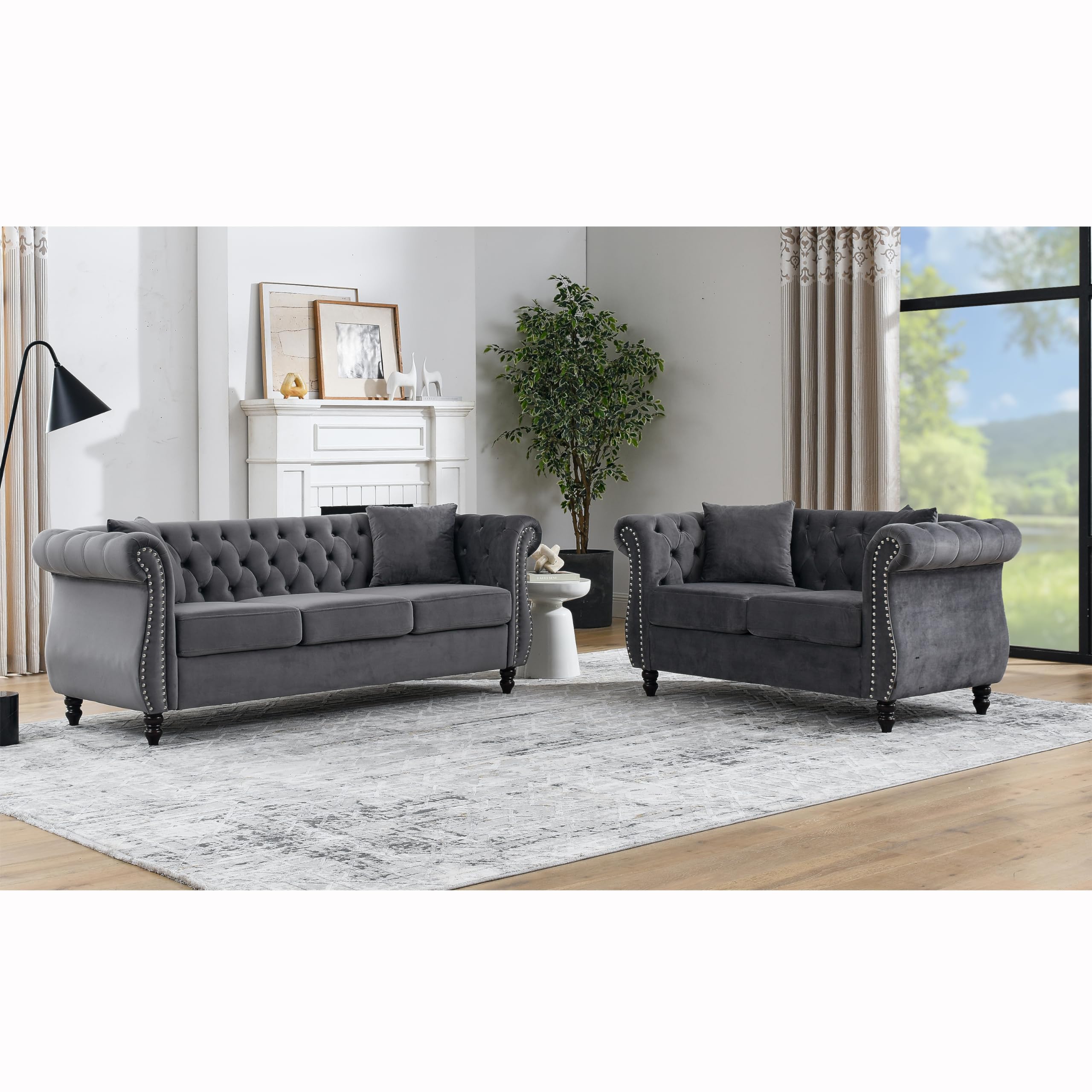 ATUMON 2 Piece Chesterfield Velvet 80“ 3-Seater and 59" Loveseat Sofa Set,Tufted Couch with 4 Pillows,Rolled Arms and Nailhead for Living Room, Bedroom, Office Grey